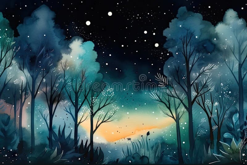 Forest Watercolor Scene with Fireflies, Stars and Moonlight Stock ...