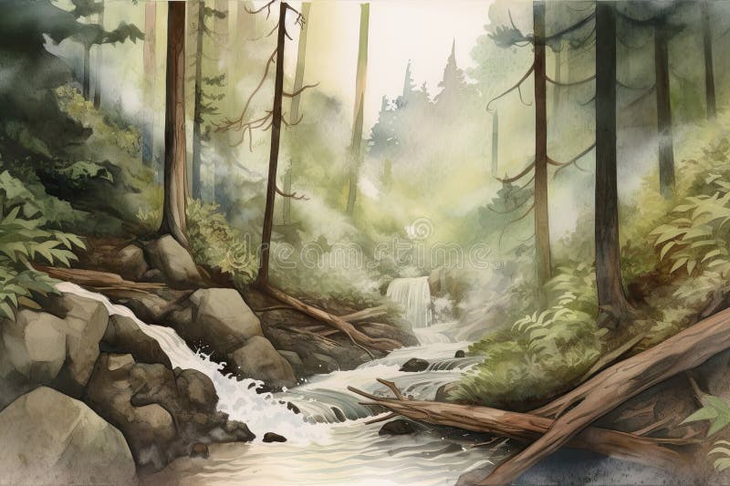 Forest Watercolor Scene, with Waterfall and Rushing Stream in the ...