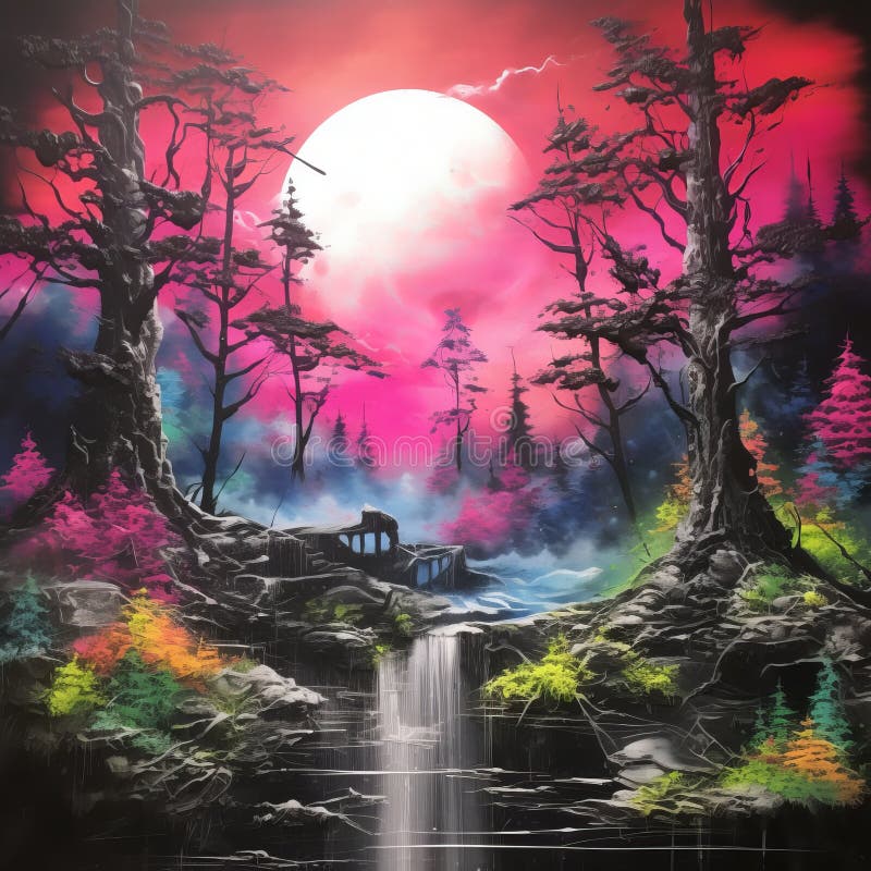 Vibrant Spray Paint Landscape: Waterfall in the Forest Stock ...