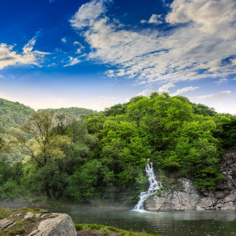 Forest Waterfall on Hill in Fog at Night Stock Photo - Image of river ...
