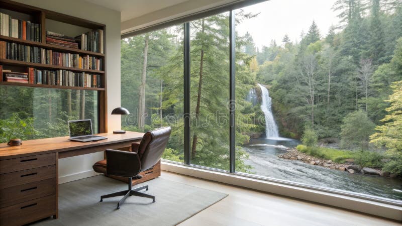 Forest Waterfall Office Wood Desk, Leather Chair, Panoramic View Stock ...
