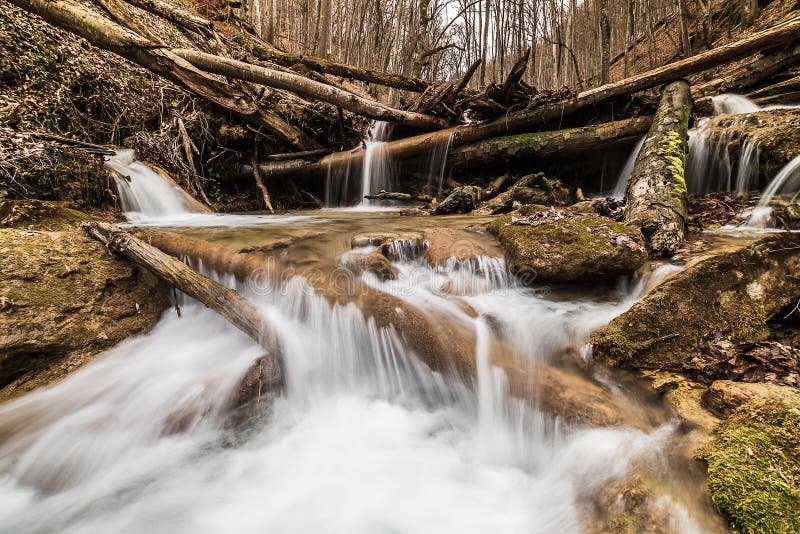 Forest Waterfall and Rocks in the Mountain Forest. Stock Image - Image ...