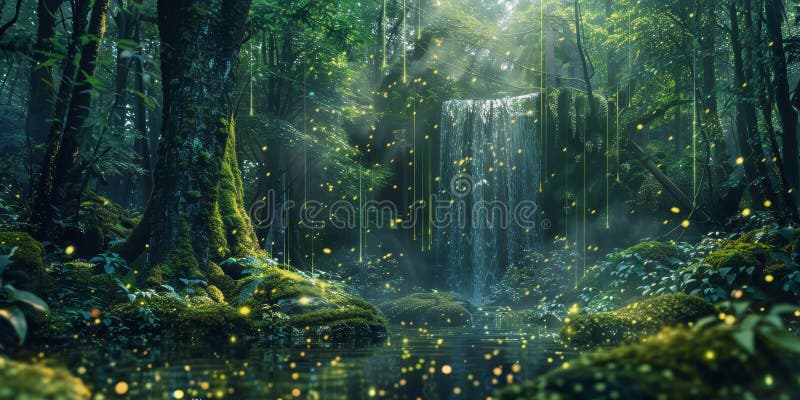A Forest with a Waterfall and a Stream of Fireflies Generated by AI ...