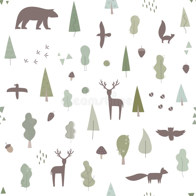 Forest with Wild Animals Seamless Pattern for Textile, Camping Staff, Web Design, Wrap. Vector ...