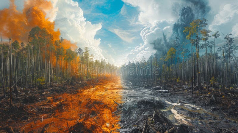 Forest Wildfire Aftermath with Smoky Sky Stock Image - Image of charred ...