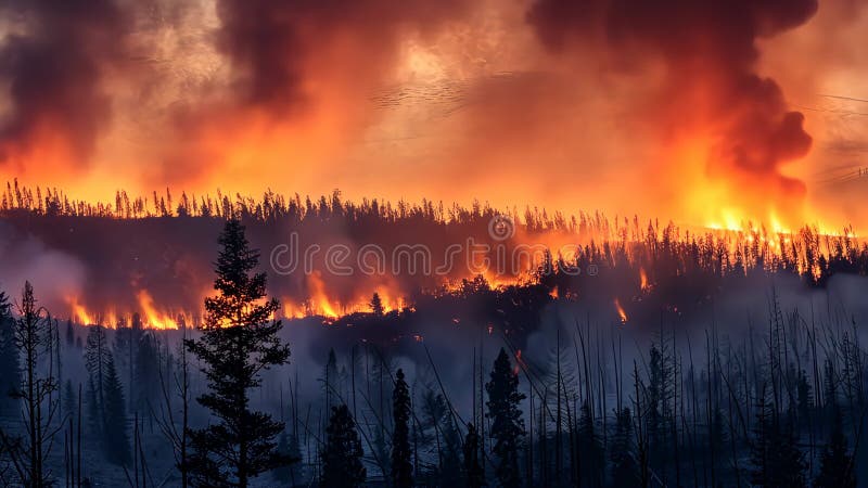 Forest Wildfire Consuming Trees with Intense Flames and Smoke ...