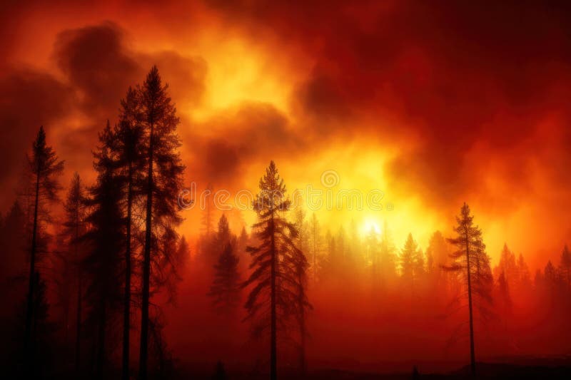 Forest Wildfire Dramatic Landscape with Silhouettes of Trees and ...