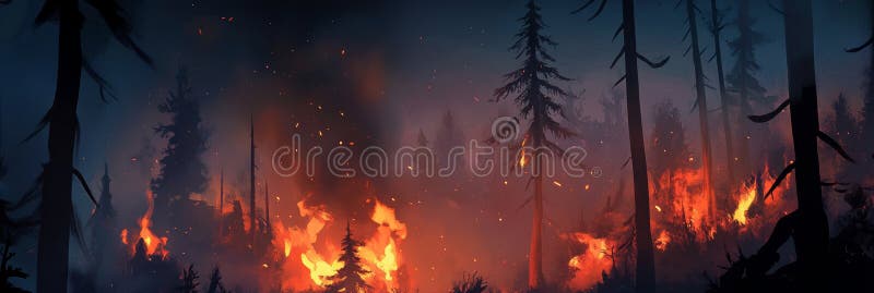 Forest Wildfire during Dry Summer at Night Horizontal Banner Image ...