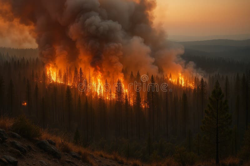 Forest Wildfire Engulfing Trees with Smoke and Flames Creating Dramatic ...