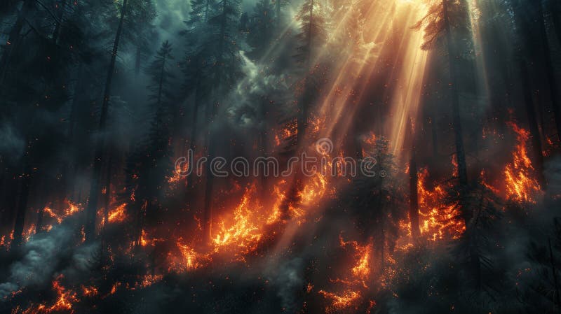 Forest Wildfire with Intense Flames and Sunlight Breaking through Trees ...