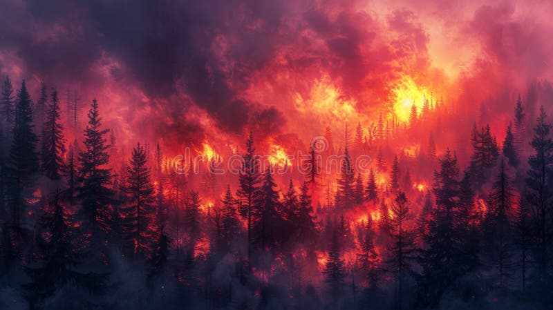 Forest Wildfire Raging through Dense Trees at Sunset, Dramatic View ...