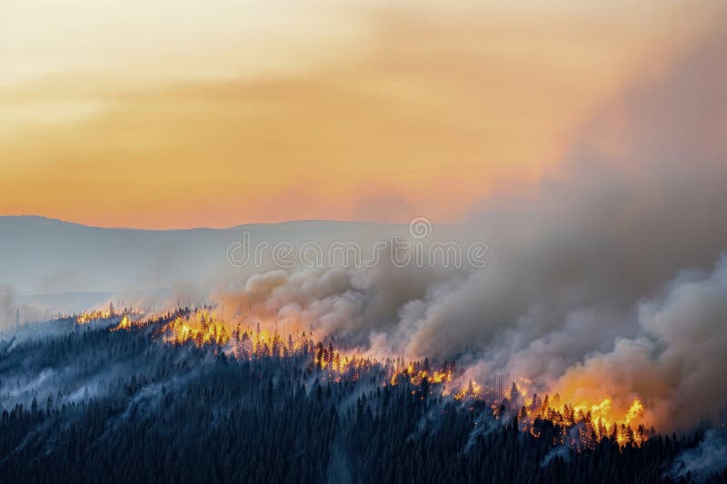 Forest Wildfire Spreading Across Hillside with Intense Flames and Smoke ...
