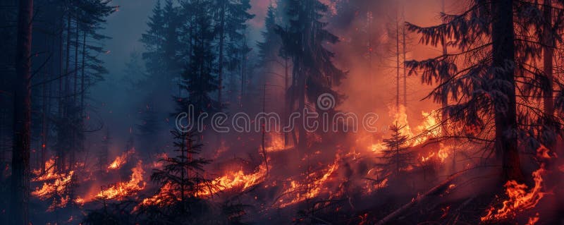Forest Wildfire Spreading Through Dense Trees At Dusk Environmental