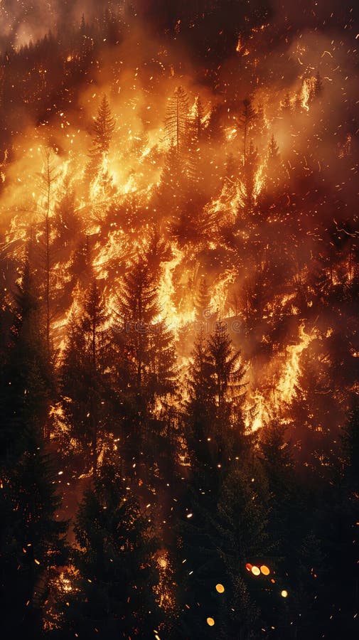 Forest Wildfire Spreading through Trees at Night, Dramatic and Intense ...