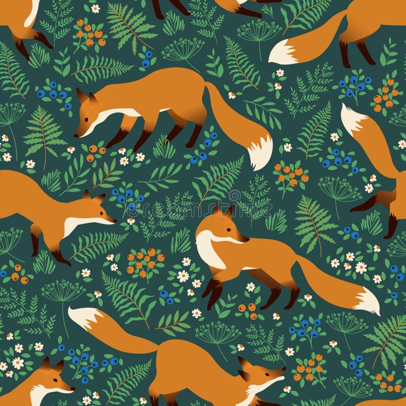 Forest Wildlife Seamless Pattern with Hand Drawn Foxes and Forest ...