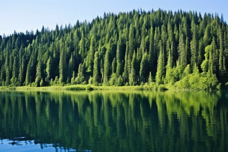 Forested Hill Dropping into a Calm Lake Stock Photo - Image of area ...