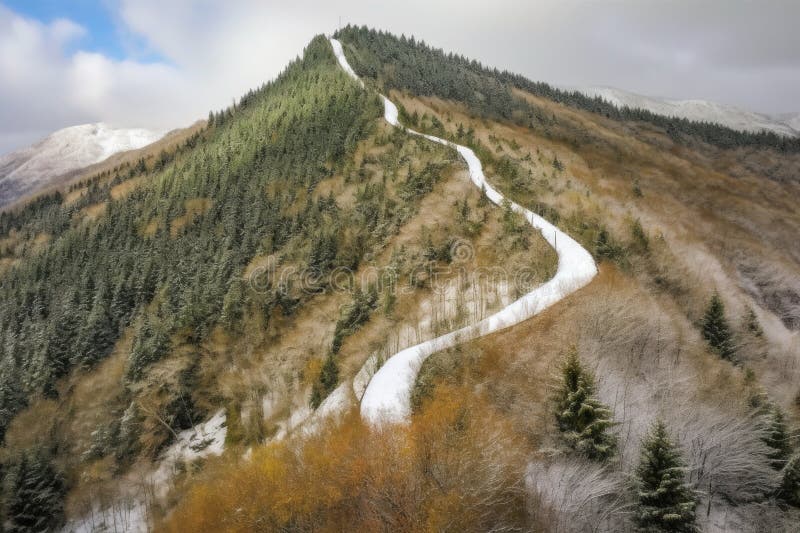 Forested Mountain, with a Winding Trail through the Trees and Snow ...