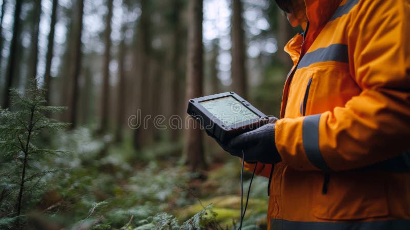 Forester Using Technology in a Coniferous Forest Stock Illustration ...