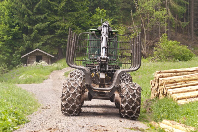 A Forestry Machine Loads a Log Truck at the Site Landing. Forest ...