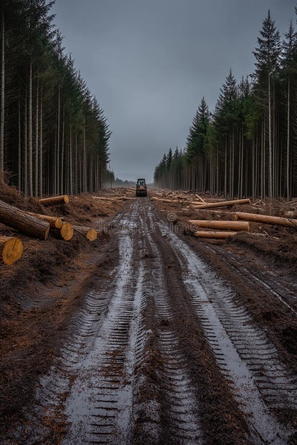 Forestry Machine Leaving Muddy Path through Deforested Landscape Stock ...