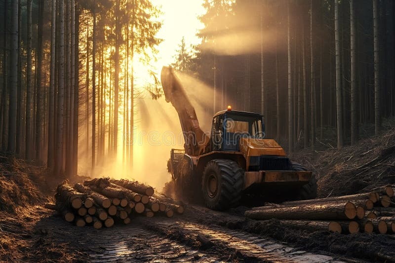 Forestry Machine Lifting Logs in a Coniferous Forest at Sunset Stock ...