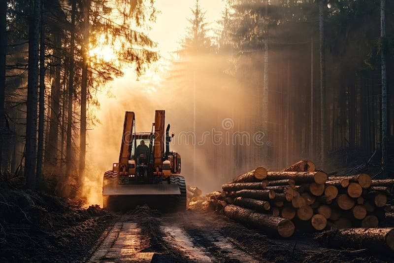 Forestry Machine Working at Sunset in Coniferous Forest Stock Image ...