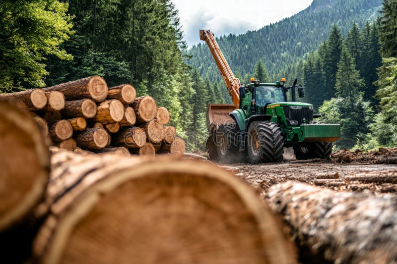 Forestry Operations with Logging Tractor and Piles of Cut Logs in Mountainous Forest Landscape ...