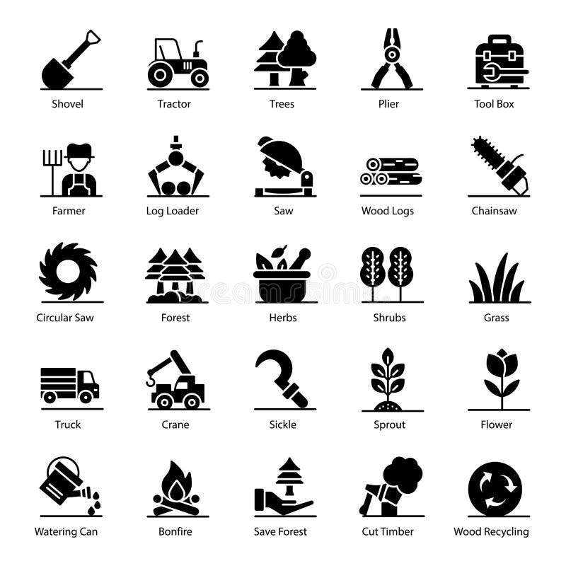 Forestry Solid Icon Vectors Pack Stock Vector - Illustration of tool ...