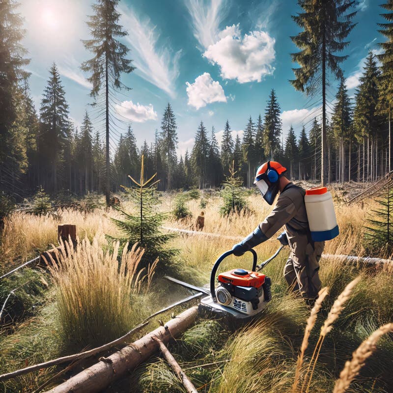 A Forestry Worker Equipped with a Powerful Saw Navigates a Rugged ...