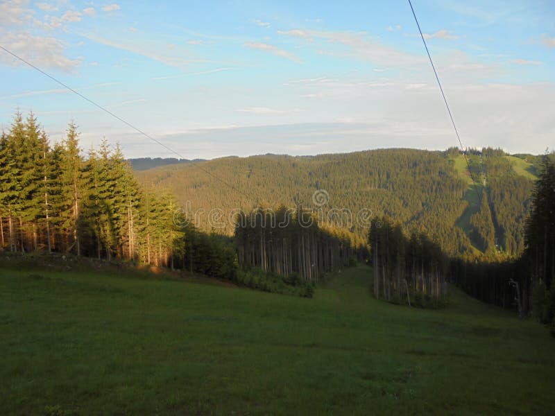 Forests Covered Hills in Sunset Light. Shadow Covered Mountain Meadow ...