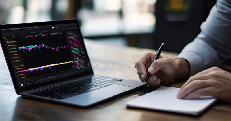 A Forex Trading Expert Writing Notes on a Paper Pad Next To a Running ...