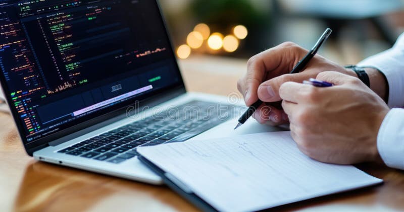 A Forex Trading Expert Writing Notes on a Paper Pad Next To a Running ...