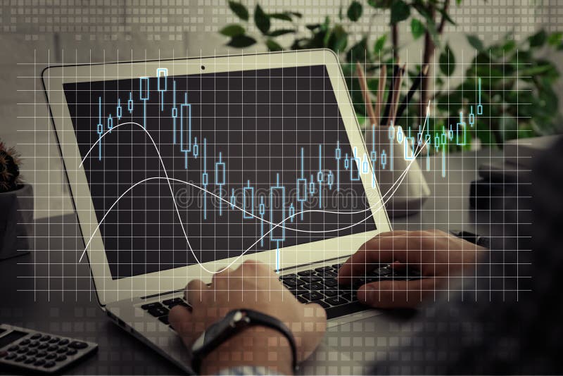 Forex Trading. Man Working with Laptop at Table and Chart Stock Image ...