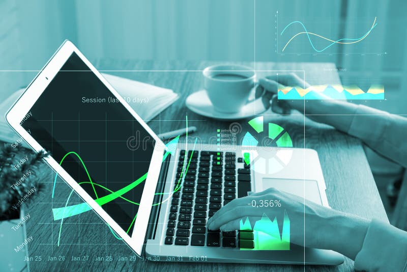 Forex Trading. Woman Working on Laptop at Table and Charts Stock Photo ...