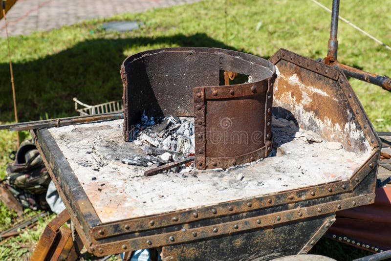 Forge. Blacksmith`s Tool. Old Blacksmith`s Hand Oven. Heating of Metal ...