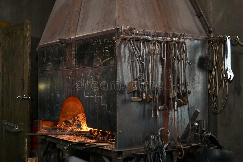 Forge Furnace with Burning Flame and Blacksmith Tools Stock Image ...