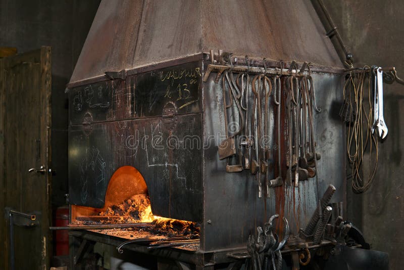 Forge Furnace with Flame and Blacksmith Tools Stock Image - Image of ...
