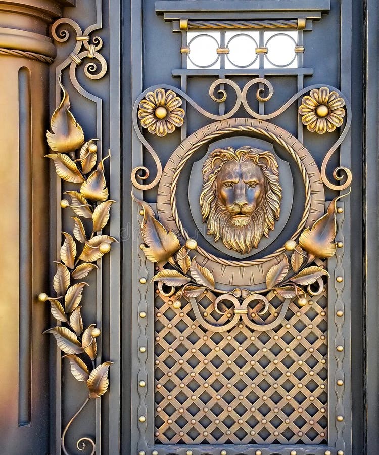 Forged doors with a lion stock photo. Image of element - 131618864