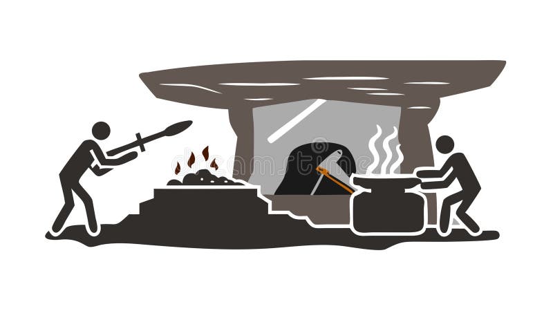 Forging in a Cave. Ancient Metalwork. Primitive Industry, Vector Design ...