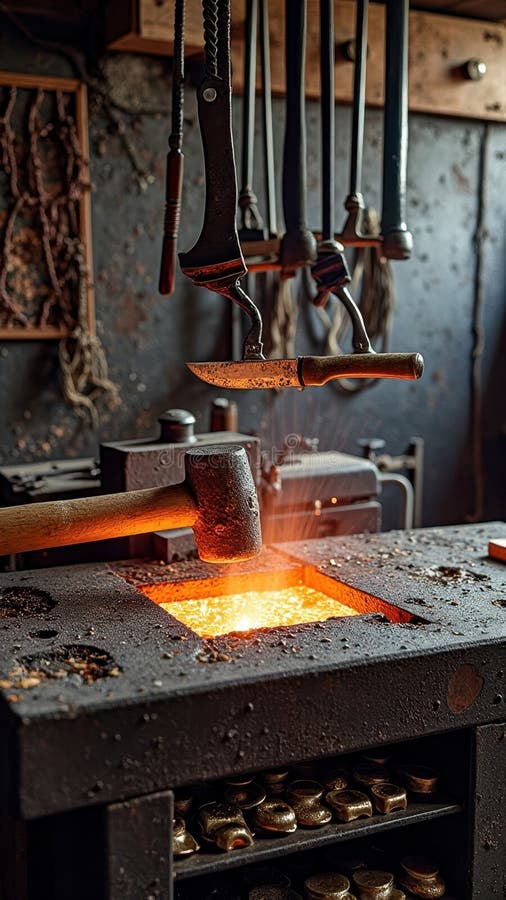 Forging Knife Blade in Blacksmith Workshop with Sparks and Tools Stock ...
