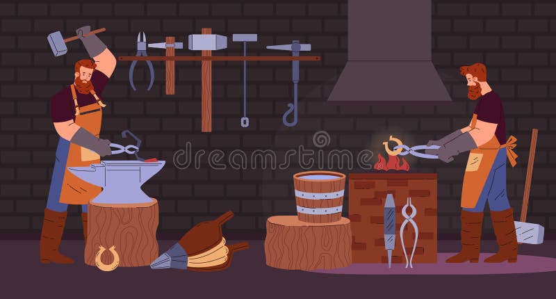 Forging Scene with Blacksmiths Working with Iron, in Cartoon Style ...