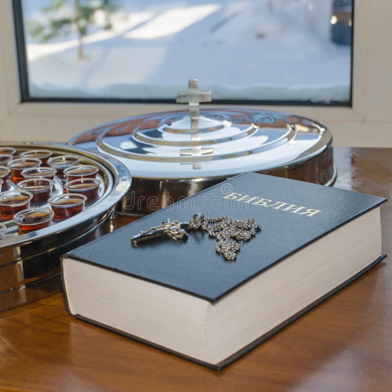 Table Pastor of the Church with Wine and the Russian Bible, for Stock ...