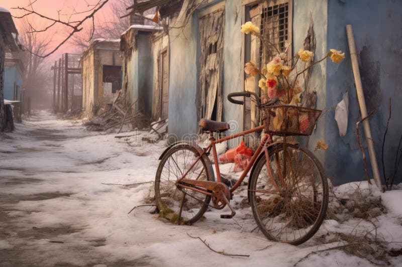 Forgotten Bicycle Half-buried in a Winter Street Stock Illustration ...