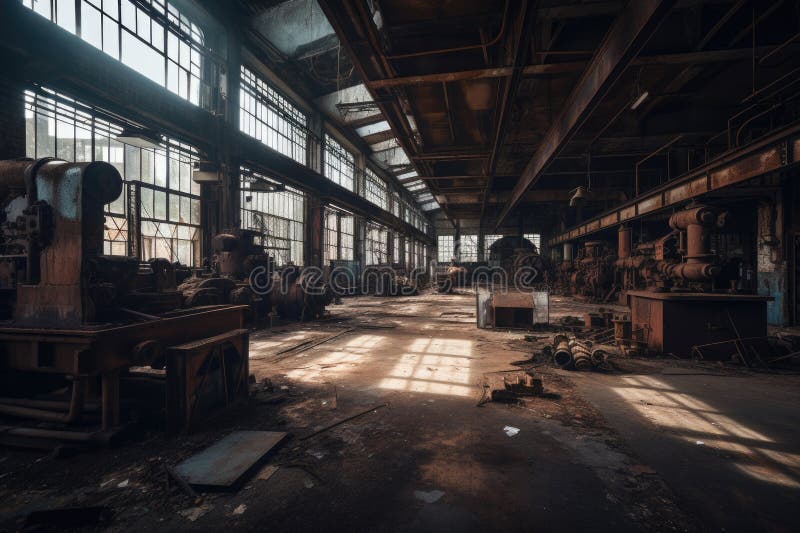 A Forgotten Factory, with Rusted Machinery and Broken Windows Stock ...