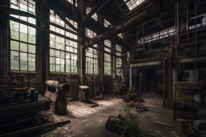 A Forgotten Factory, with Rusted Machinery and Broken Windows Stock ...