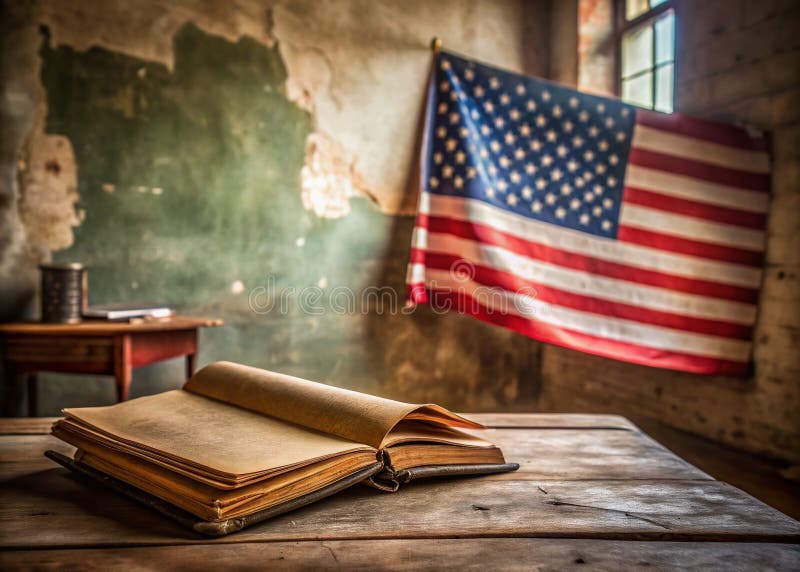 Forgotten Knowledge a PatinaCovered Exercise Book with a US Flag in an ...