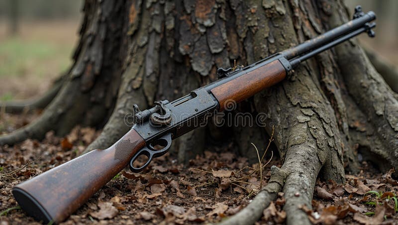 Forgotten Rifle Leaning on Tree Stump Post Battle Stock Illustration ...
