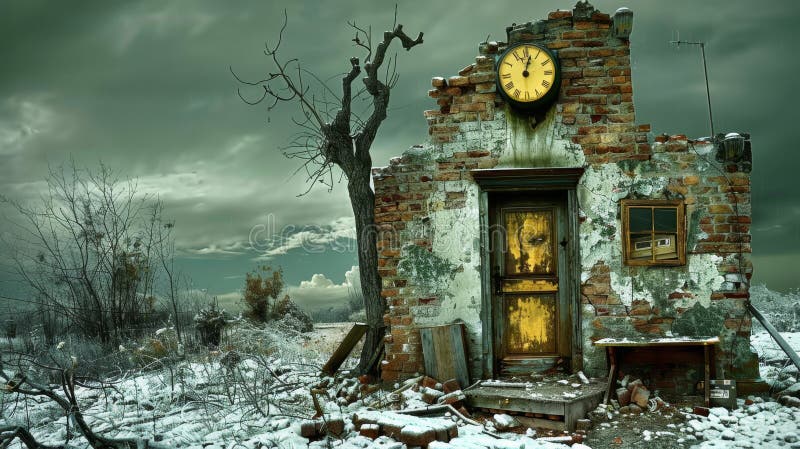 Forgotten Time Decayed Brick House with Clock, Surreal Landscape ...