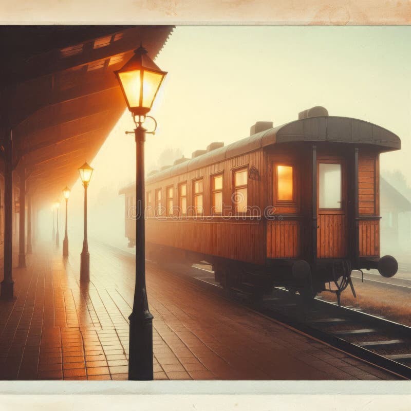 A Forgotten Train in the Fog Stock Illustration - Illustration of ...