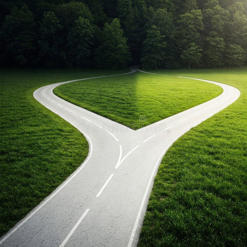 A Fork in the Asphalt Road among Green Meadows and Forest. Stock Image ...